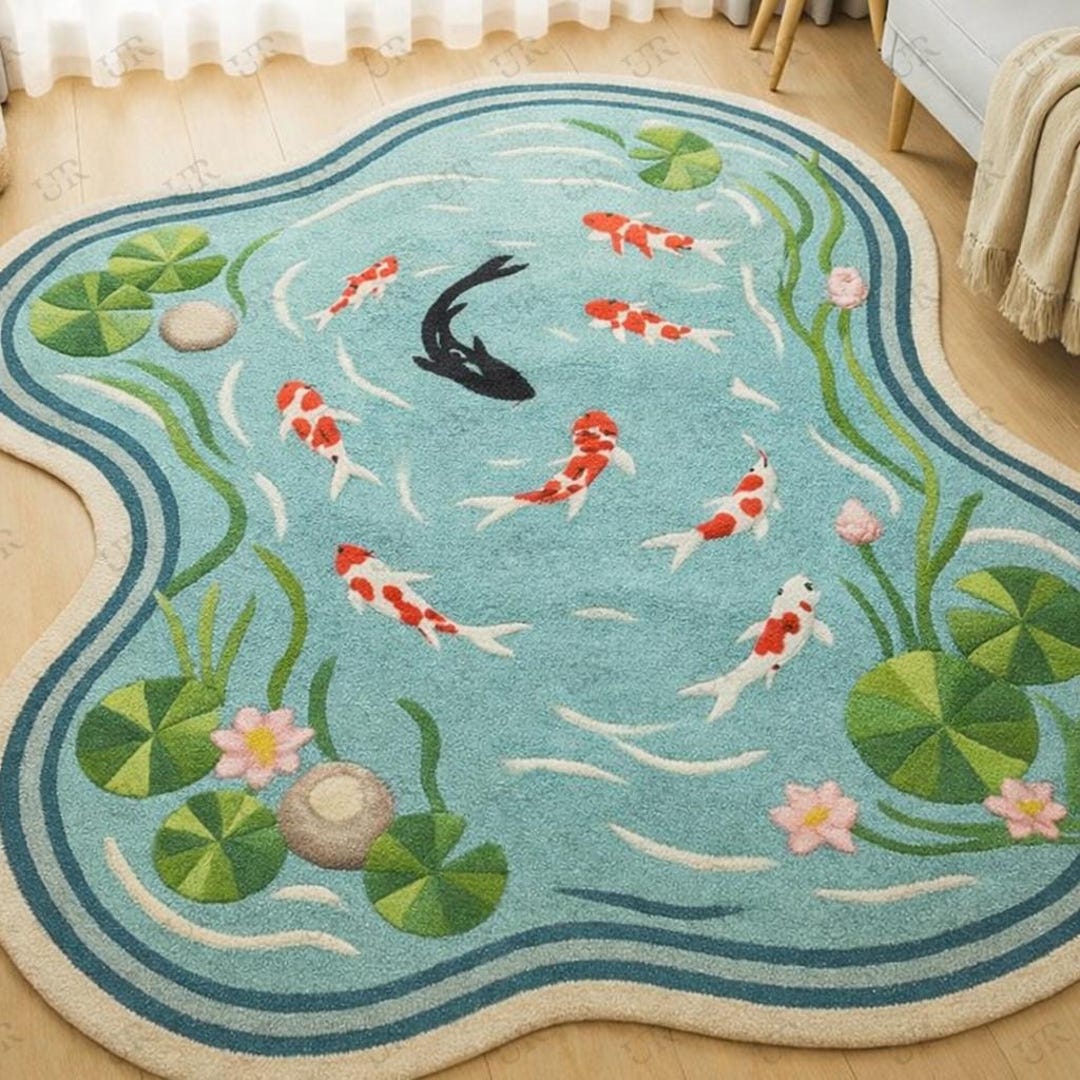 Koi Fish Pond Shaped Rug, Cute Cartoon Carp Area Rug, Kids Room Nursery ...