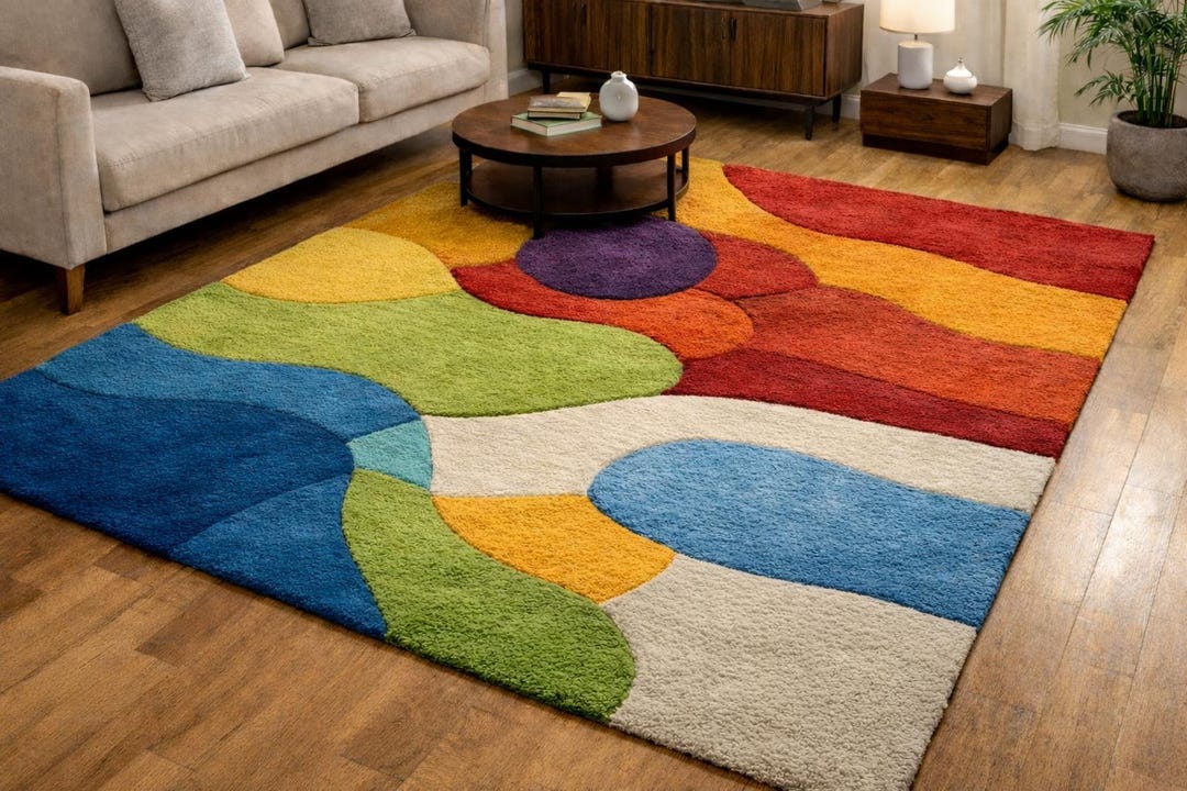 Colorful Abstract Area Rug – Modern Geometric Tufted Carpet, Multicolor ...