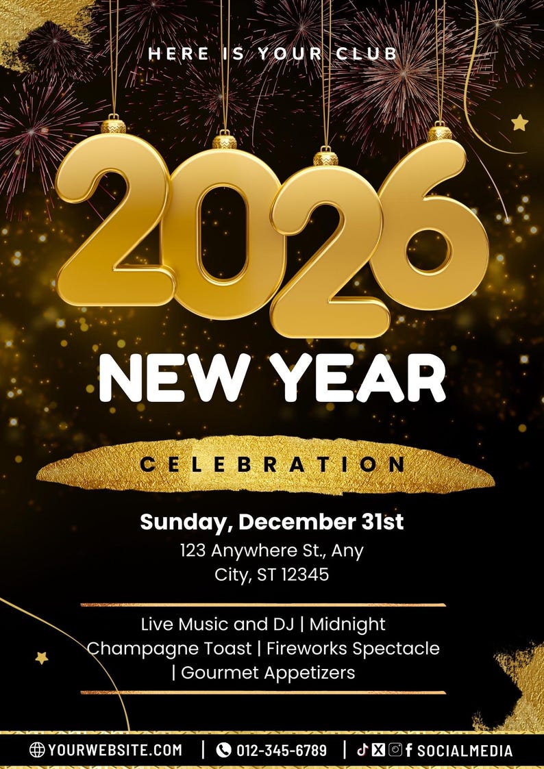 New Year 2026 Celebration Flyer Canva Template | Elegant Gold Party ...