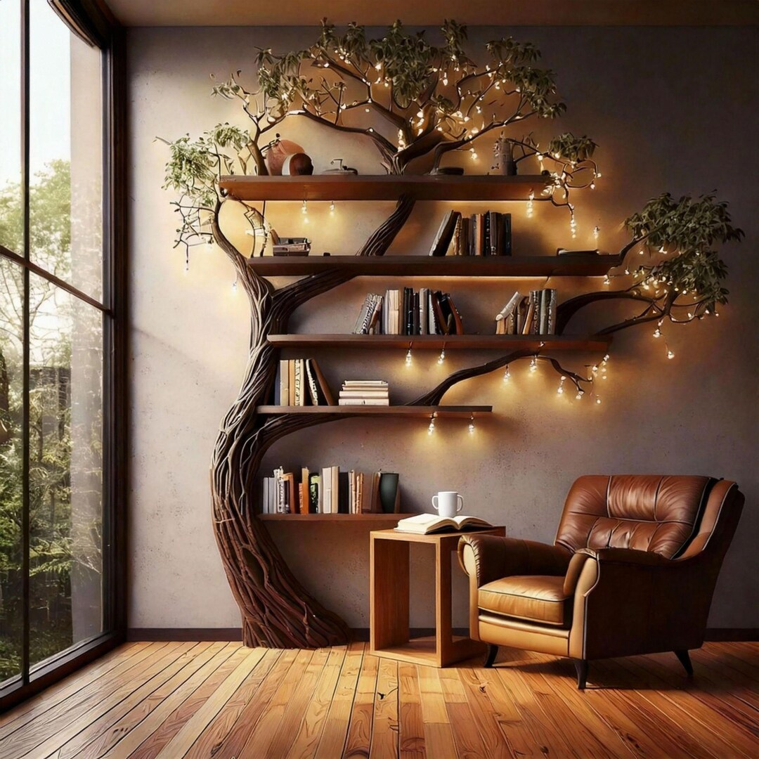 Handmade Tree Bookshelf With LED Lights, Rustic Wooden Wall Shelf Art ...