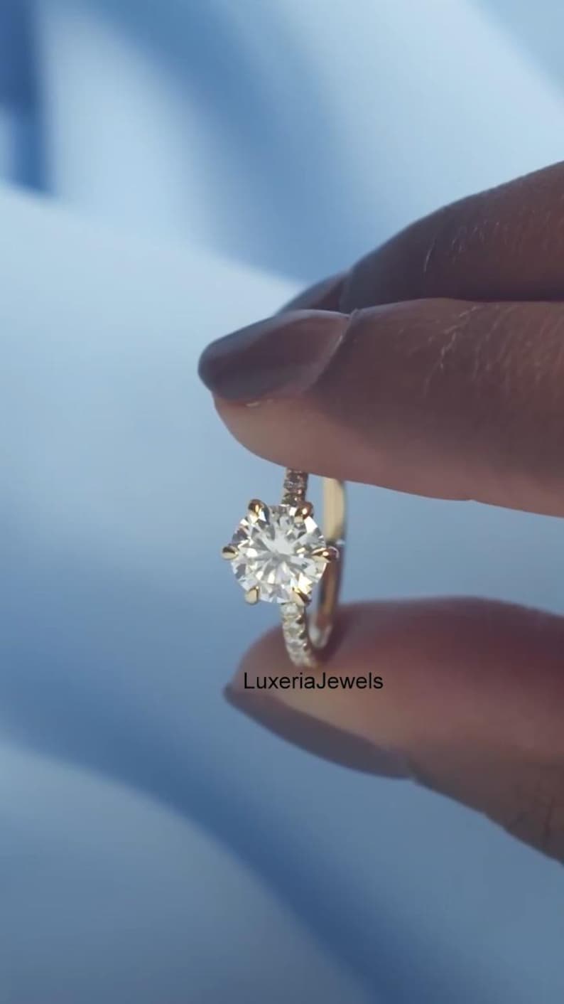 7.5MM Round Cut Moissanite Engagement Ring, Pave Diamond Band, 14K Gold ...