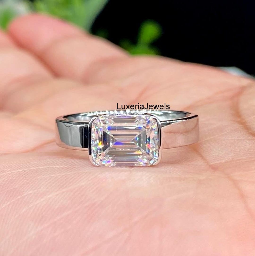 Classic Solitaire Half Bezel Set Ring, East to West 2.5 CT Emerald Cut ...