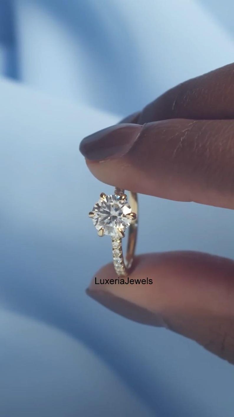 7.5MM Round Cut Moissanite Engagement Ring, Pave Diamond Band, 14K Gold ...