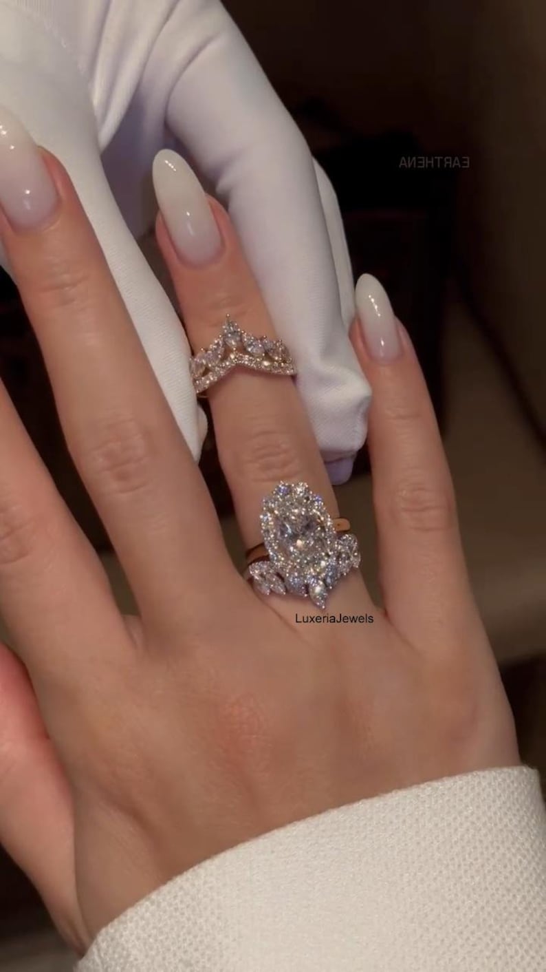 Antique Engagement Ring Set , 3ct Oval Cut Moissanite Ring With Two ...