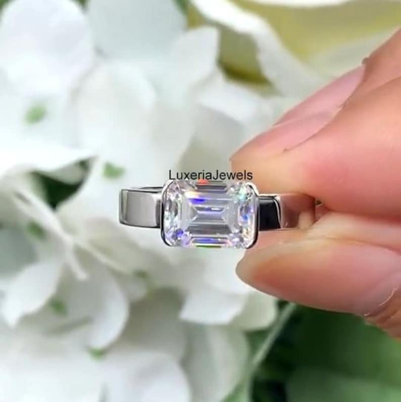 Classic Solitaire Half Bezel Set Ring, East to West 2.5 CT Emerald Cut ...