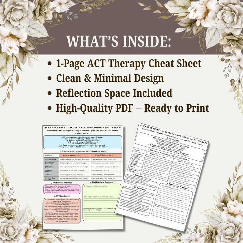 ACT Therapy Cheat Sheet – One-page Guide to Acceptance, Defusion ...