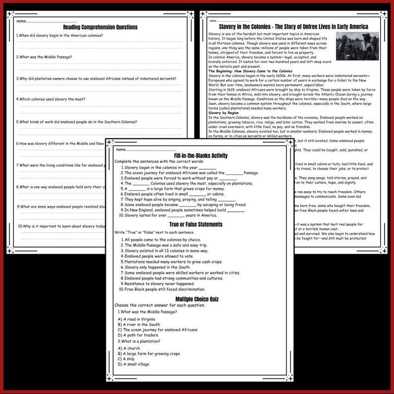 Slavery in the 13 Colonies Reading Passage & Activities | Colonial ...