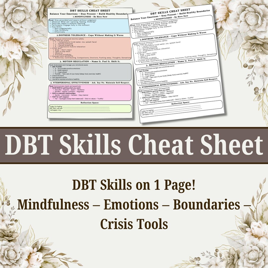 DBT Therapy Cheat Sheet – 1-page Printable Guide to Mindfulness ...