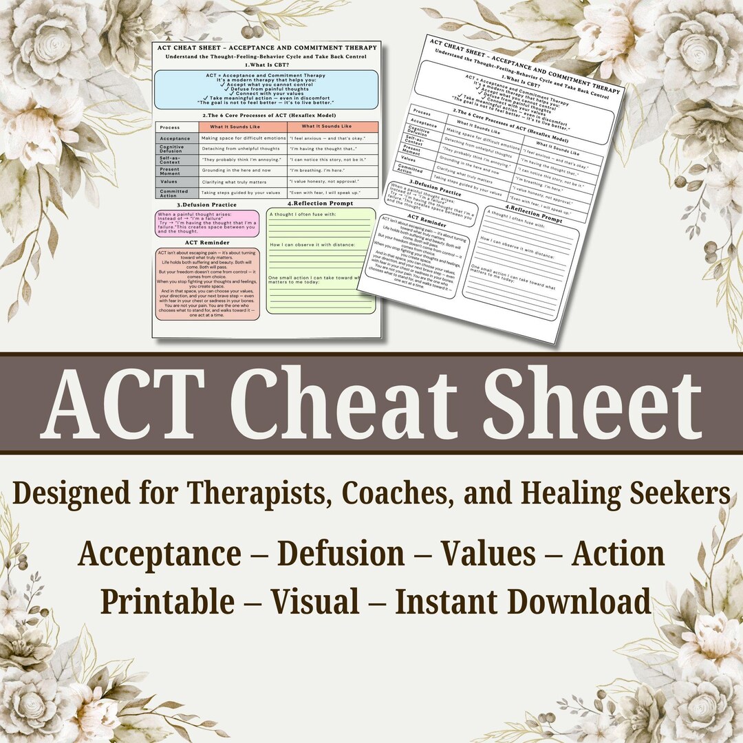 ACT Therapy Cheat Sheet – One-page Guide to Acceptance, Defusion ...