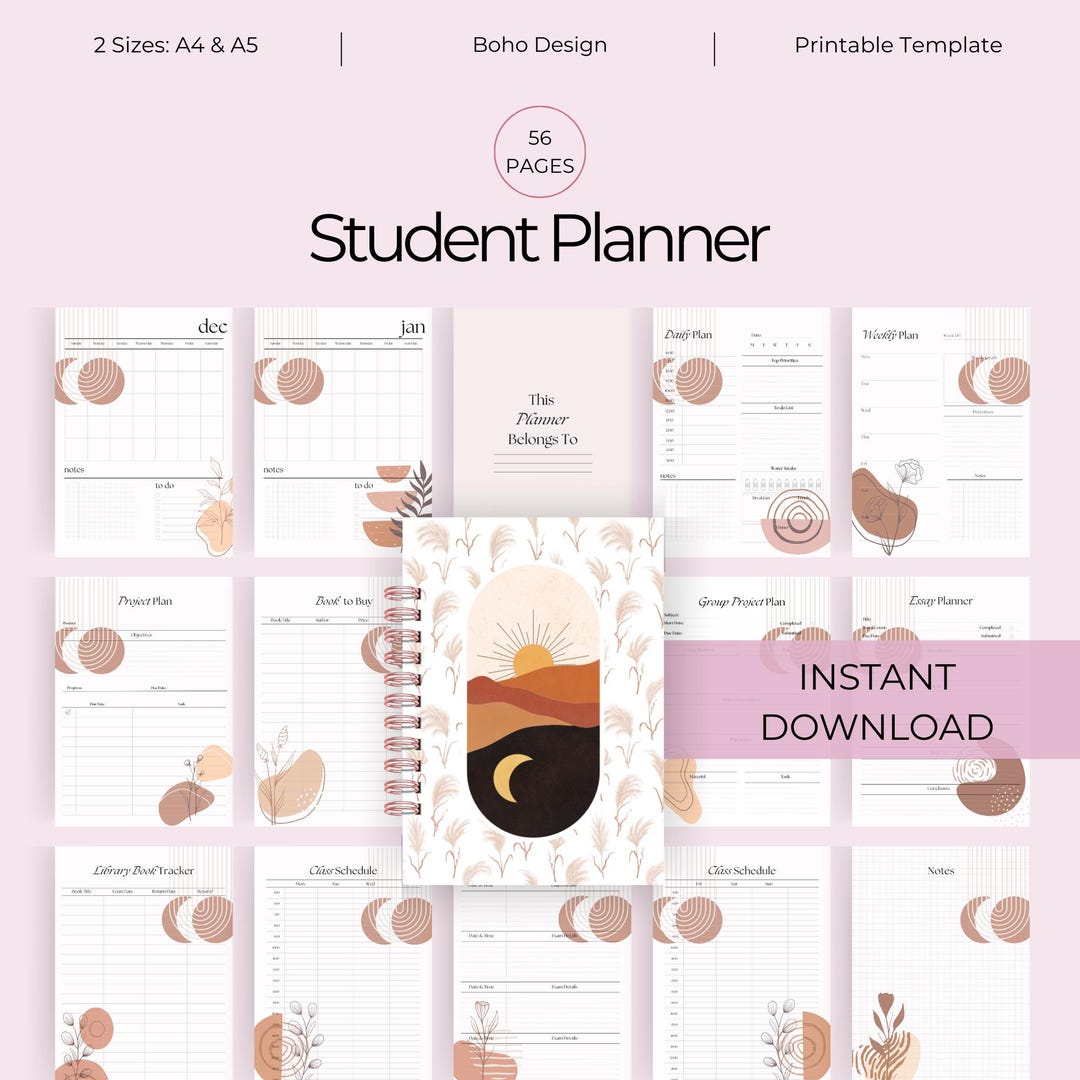 Student Planner Printable | Academic Planner PDF Boho Planner Monthly ...