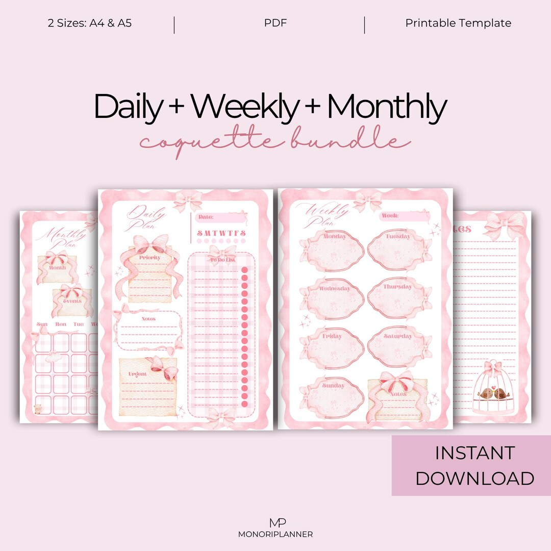 Coquette Planner Bundle | Daily Weekly Monthly Schedule to Do List ...