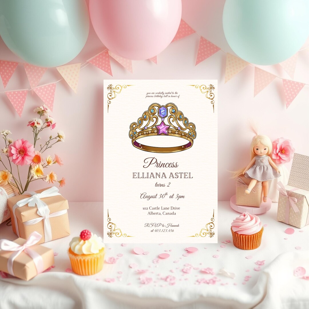 Princess Themed Birthday Invitation, Elegant Crown Birthday Invitation ...