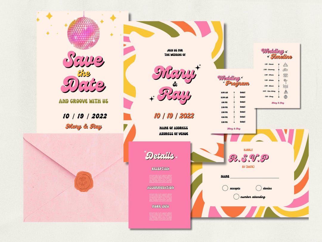 Groovy Retro Wedding Invitation Suite, 70s Vibe,save the Date, RSVP ...