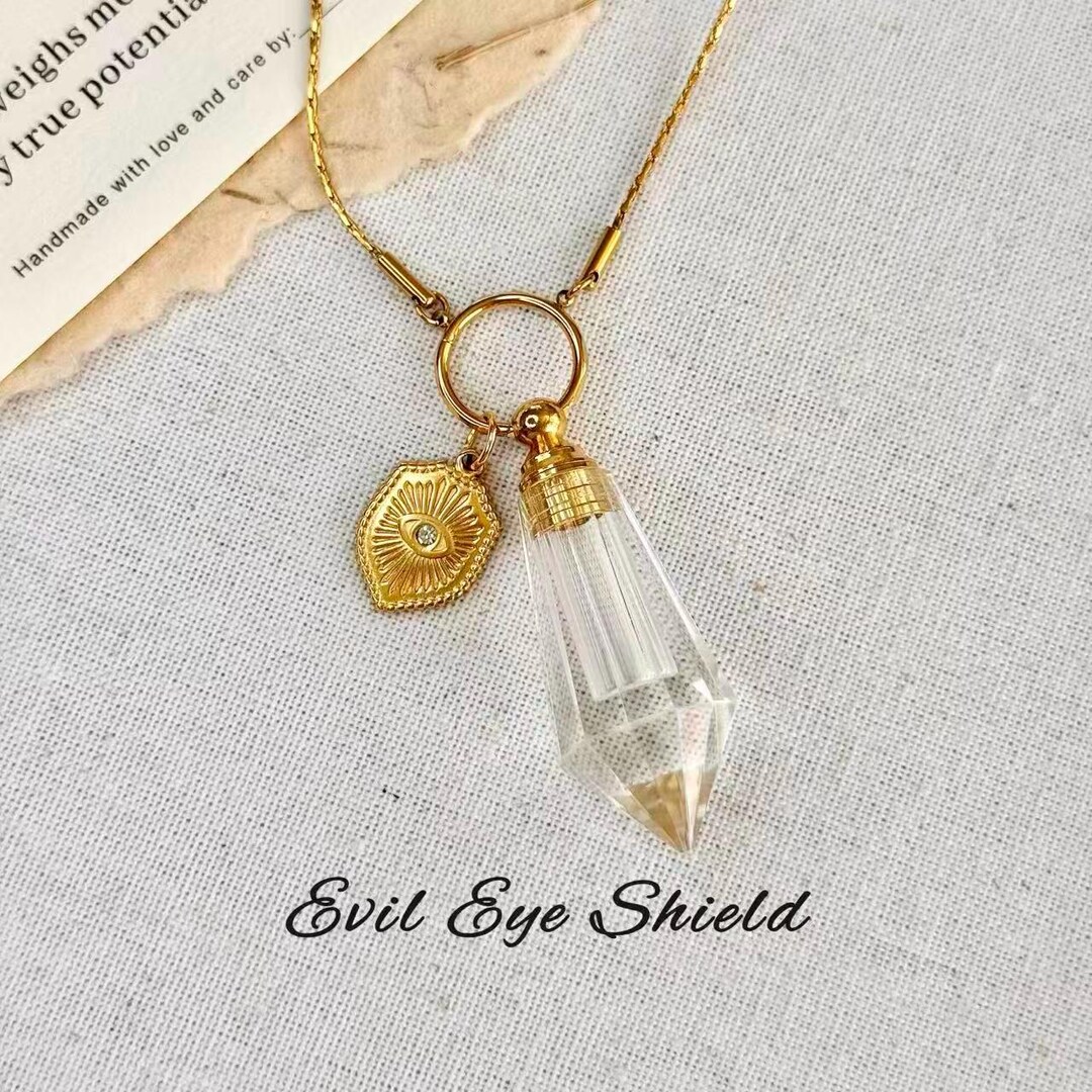 EVIL EYE SHIELD Charm Crystal Tower Protection Necklace Clear Quartz ...