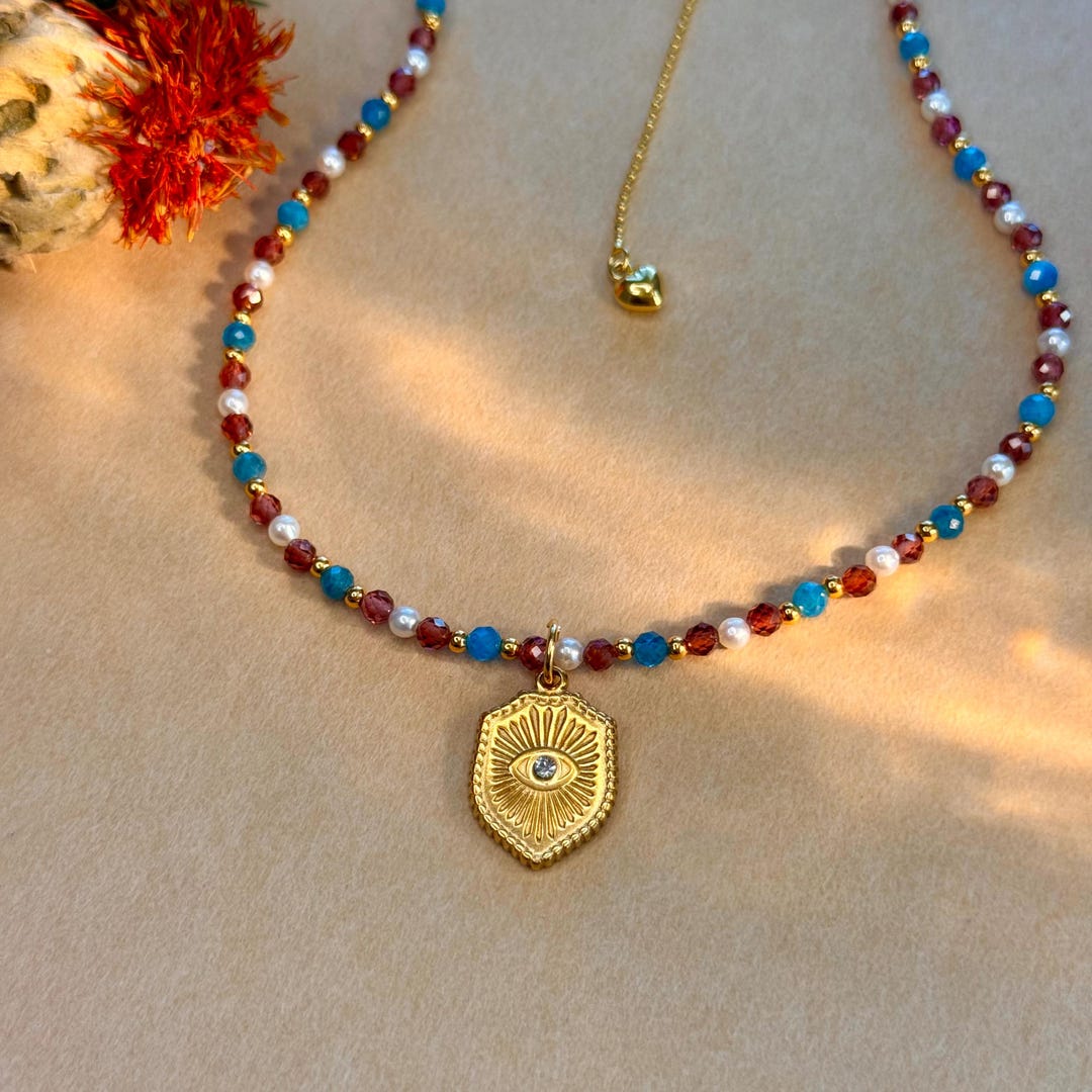 EVIL EYE SHIELD Custom Sacred Charm Gemstone Necklace, Apatite Smokey ...