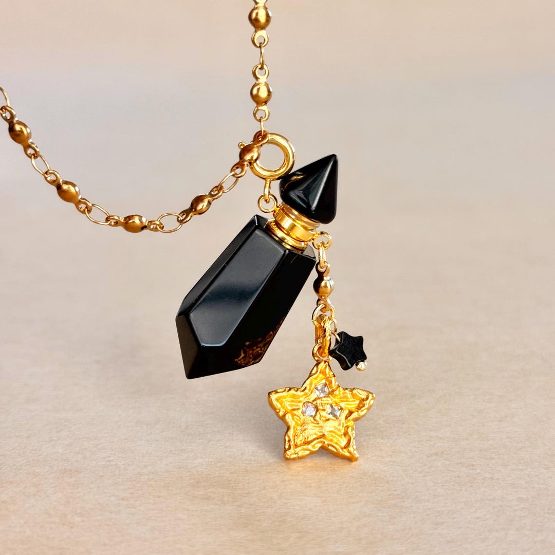 Black Obsidian Double Point Perfume Vial Necklace Boho Layering Crystal ...