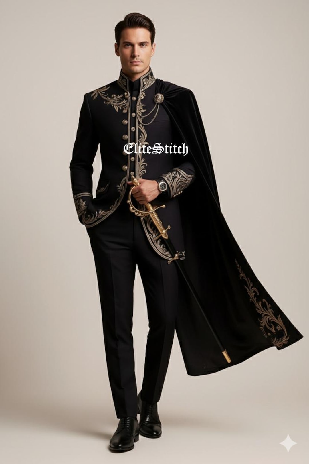 Men Gothic Prince Costume. Black Velvet Gold Embroidered Military Tunic ...