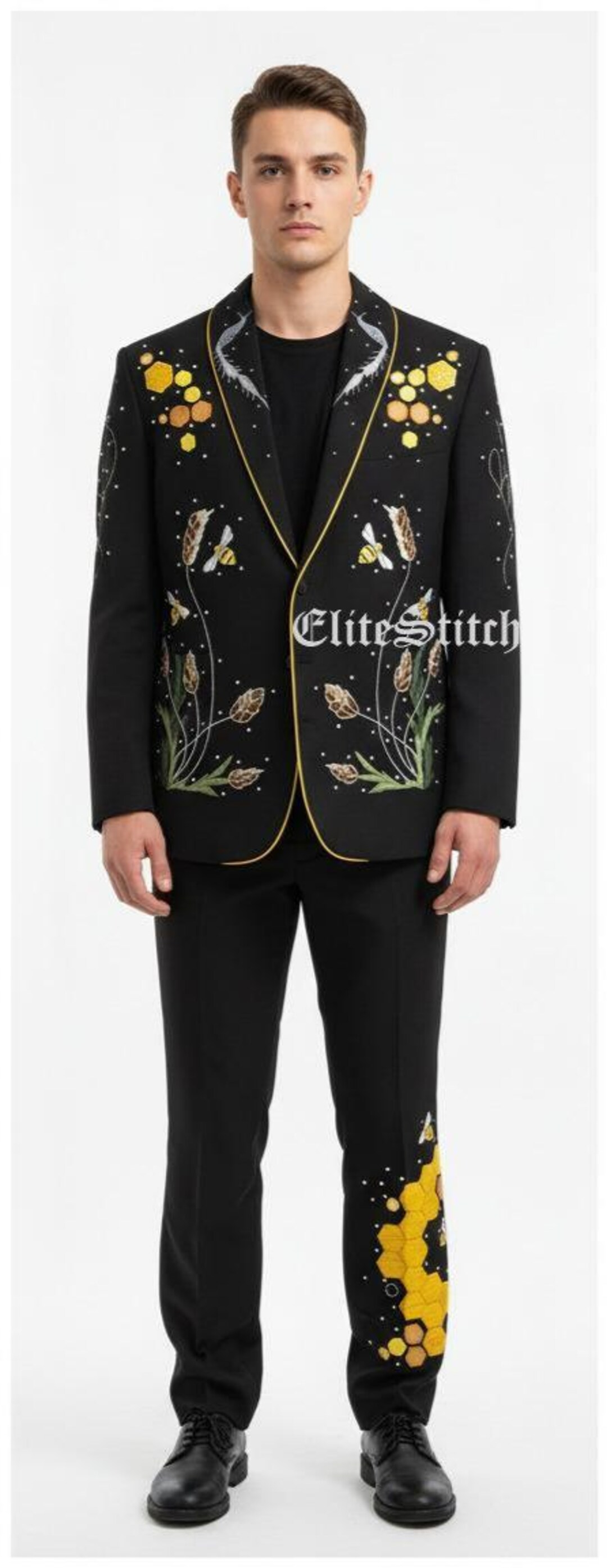 Men's Custom Black Suit: Floral Embroidery, Wedding Groomsmen Country ...