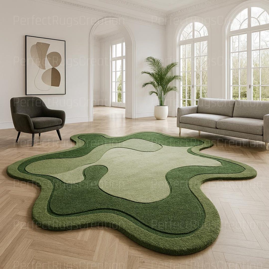Modern Abstract Green Area Rug – Irregular Shaped Carpet in Nature ...