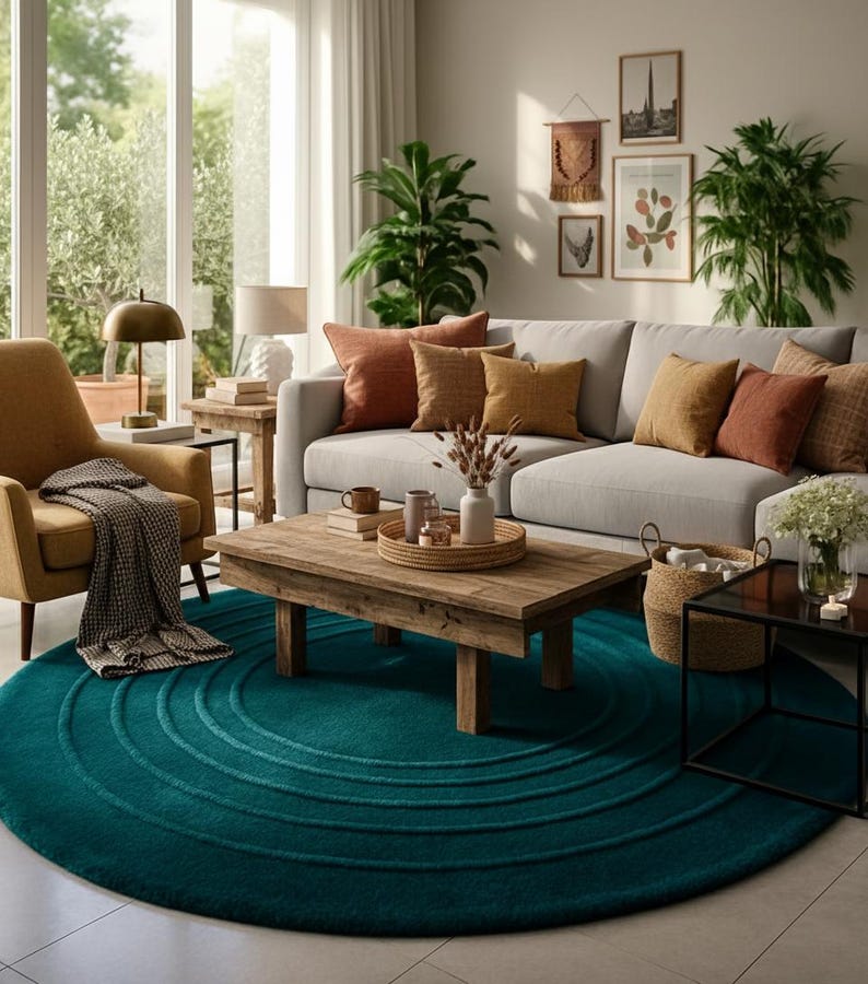 Tappeto rotondo moderno in lana testurizzata di lusso color verde acqua ...