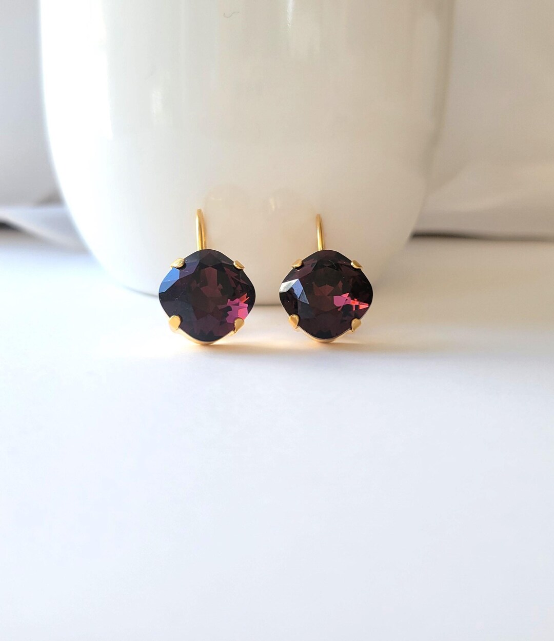 Burgundy Cushion Cut Crystal Earrings, Merlot, Wine, Crystal Earrings ...