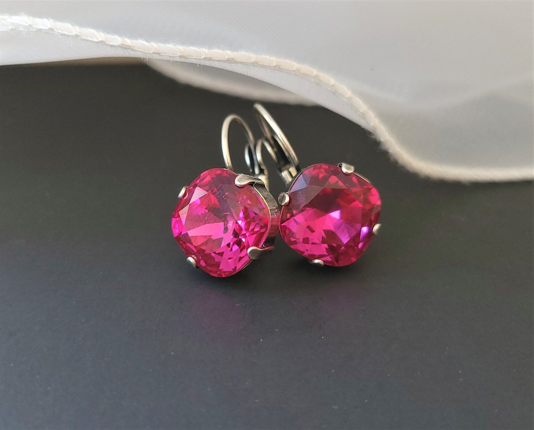 Fuchsia Earrings, Cushion Cut Crystal Earrings, Bridesmaids Earrings ...