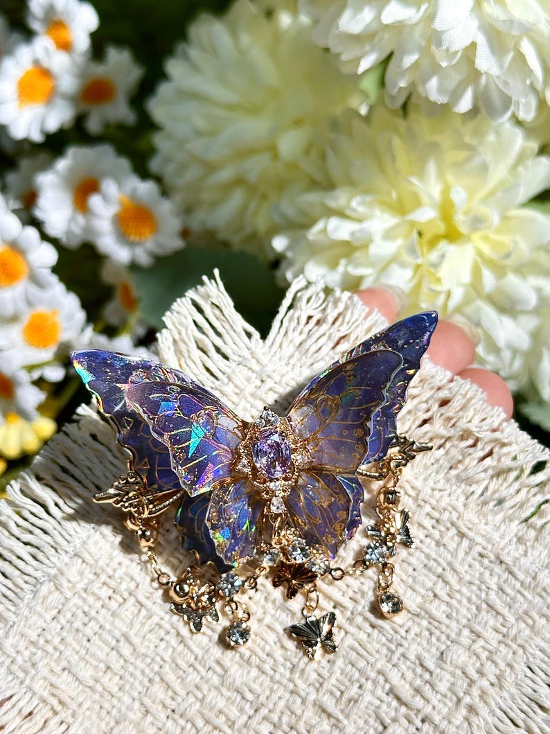Iridescent Butterfly Hair Clip: Fairycore Crystal Dangles - Etsy