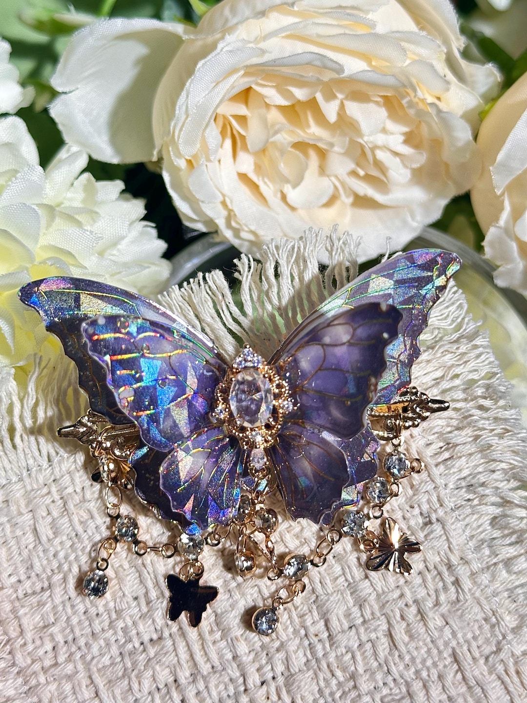 Iridescent Butterfly Hair Clip: Fairycore Crystal Dangles - Etsy