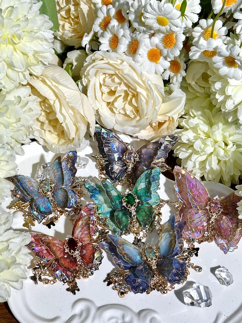 Handmade Iridescent Butterfly Hair Clip: Emerald Crystal Gold Tassel ...