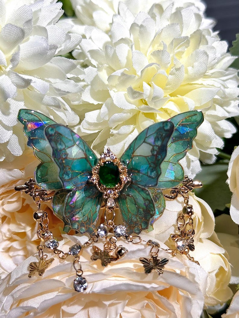 Handmade Iridescent Butterfly Hair Clip: Emerald Crystal Gold Tassel ...