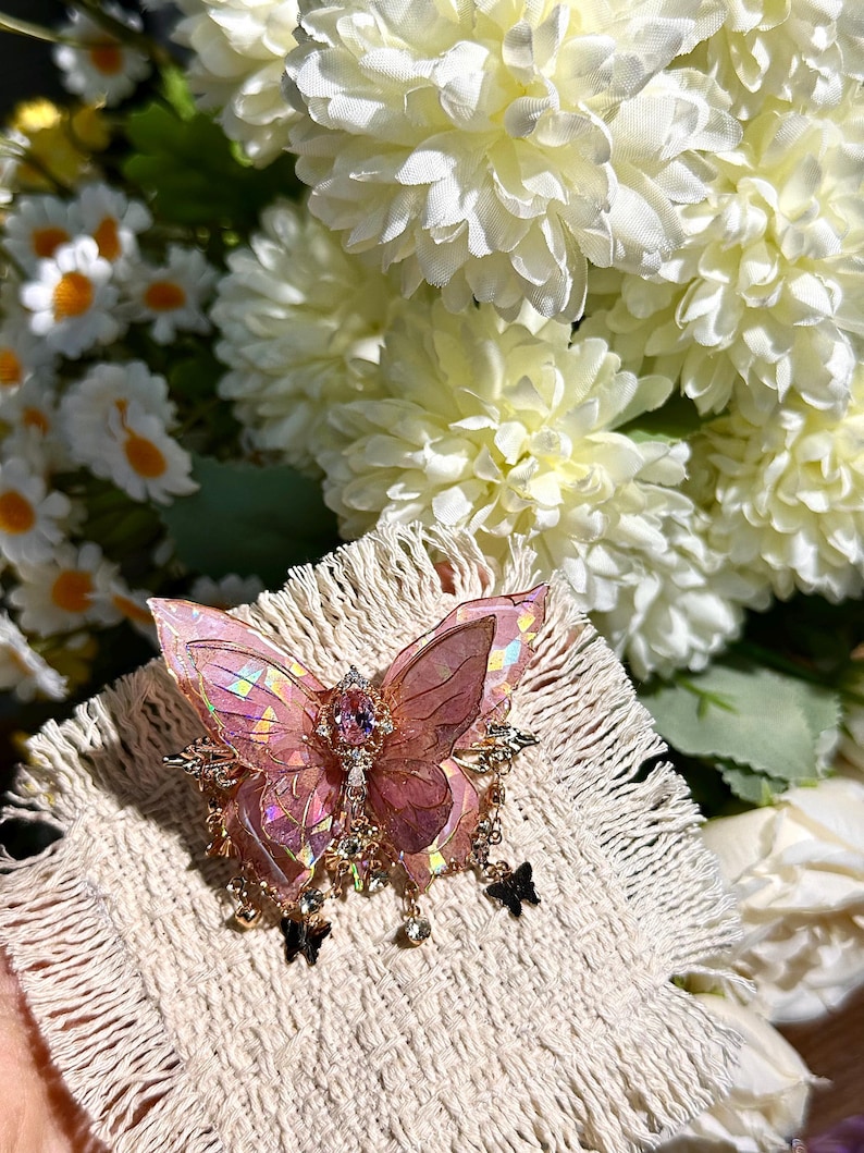 Pink Butterfly Hair Clip: Iridescent Fairy Wing, Crystal Dangles - Etsy