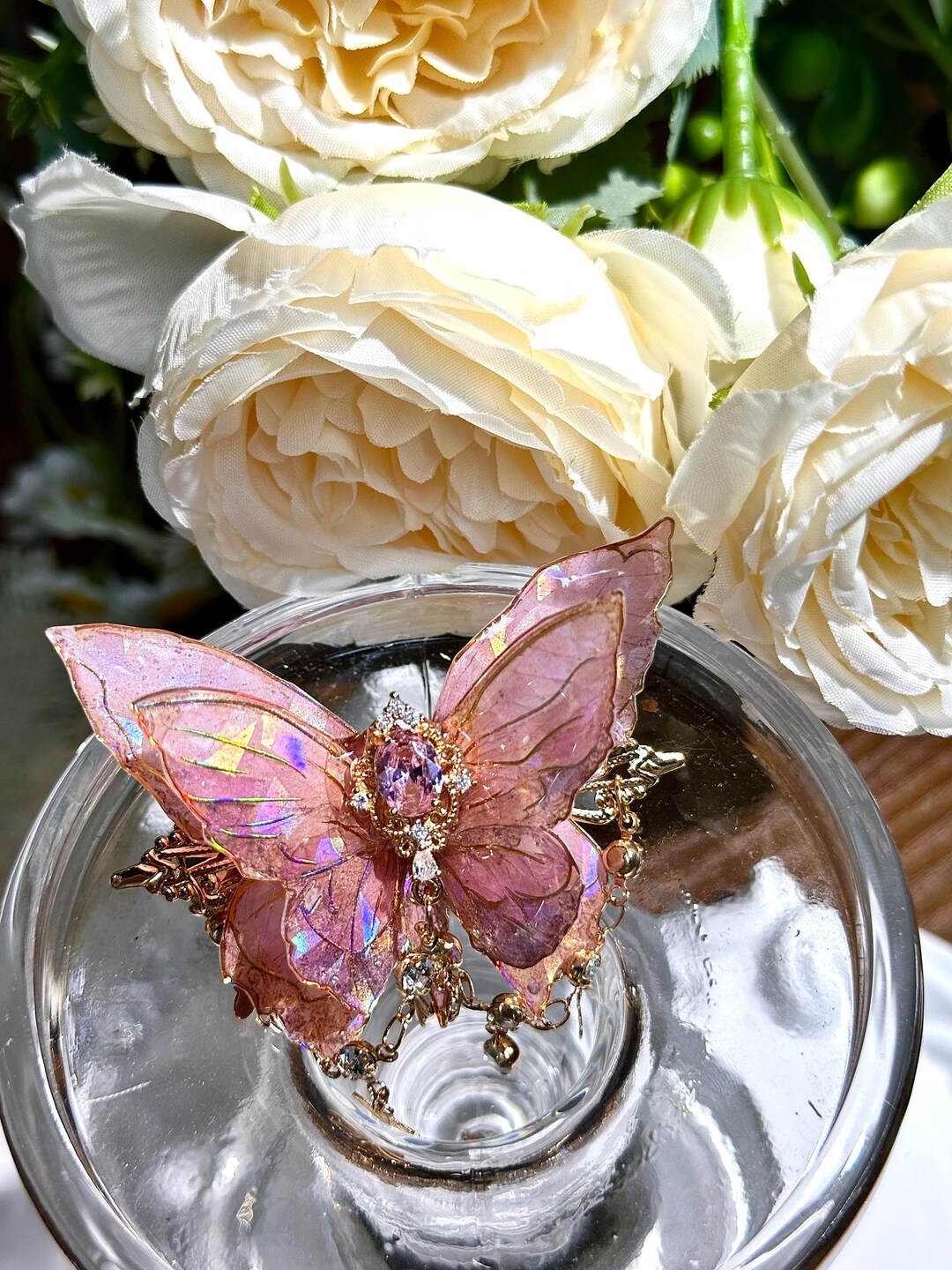 Pink Butterfly Hair Clip: Iridescent Fairy Wing, Crystal Dangles - Etsy