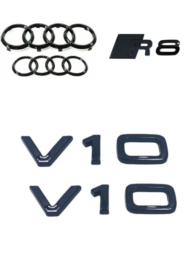 Audi R8 SET Full Glossy All Black Emblem 175mm Front Ring and 192mm ...