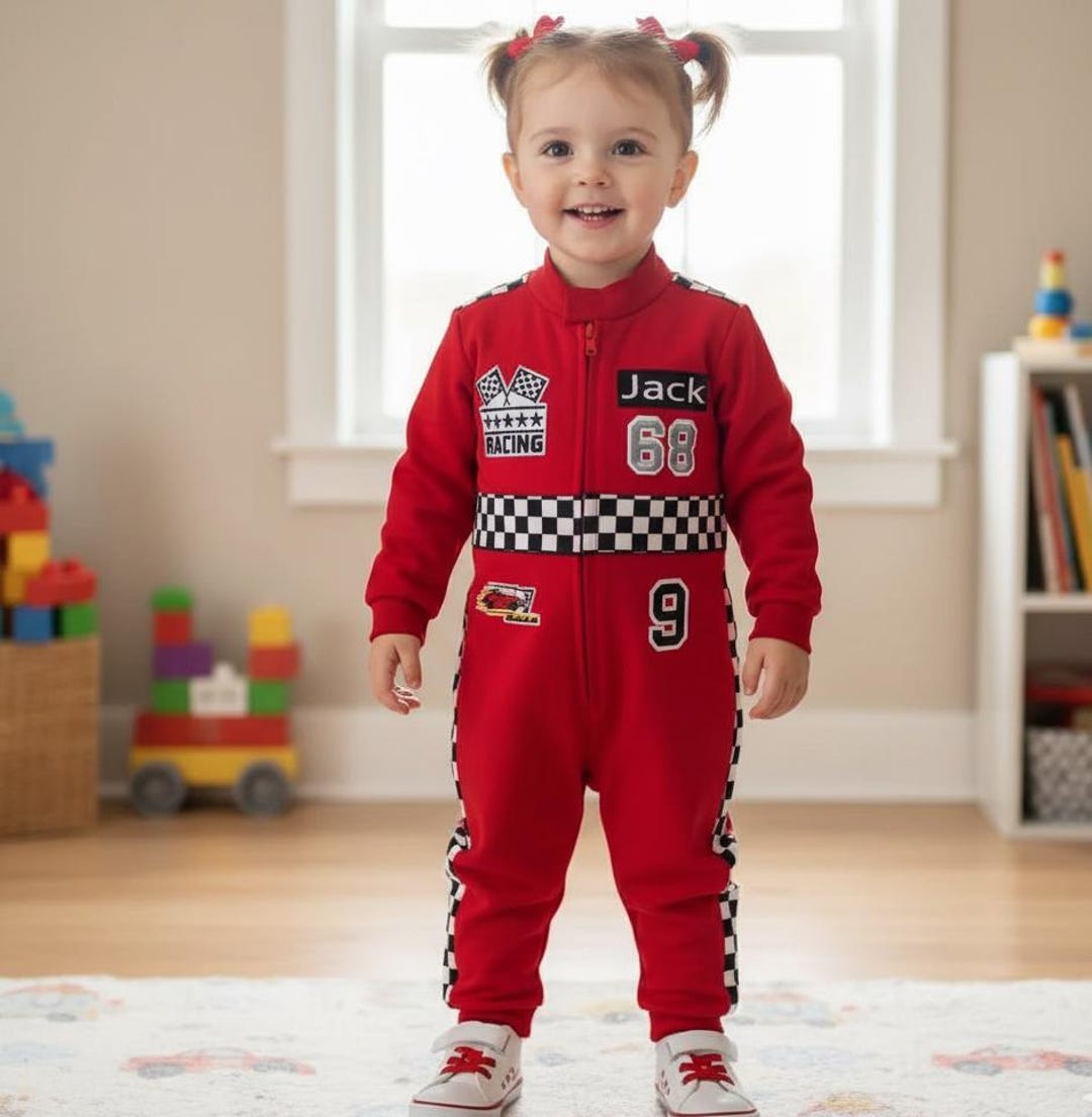 Kids Red Race Car Outfit Long Sleeve Custom Name Racing Jumpsuit Baby ...