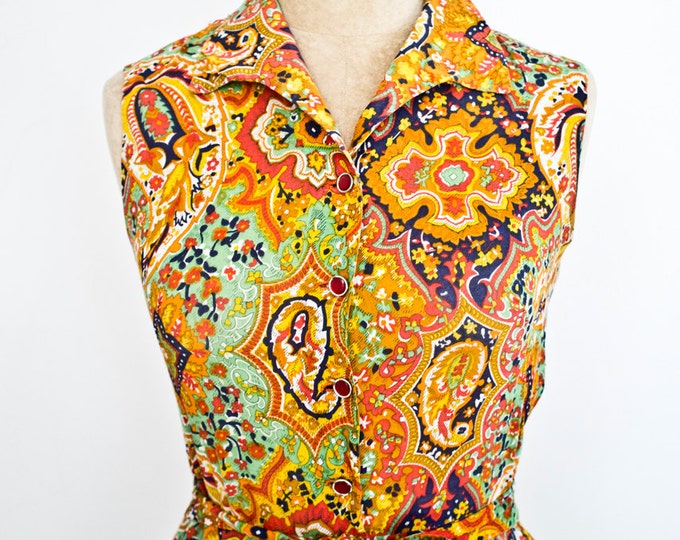 Vintage 60s Dress Indian Paisley Print Boho Sleeveless Fitted Bodice ...