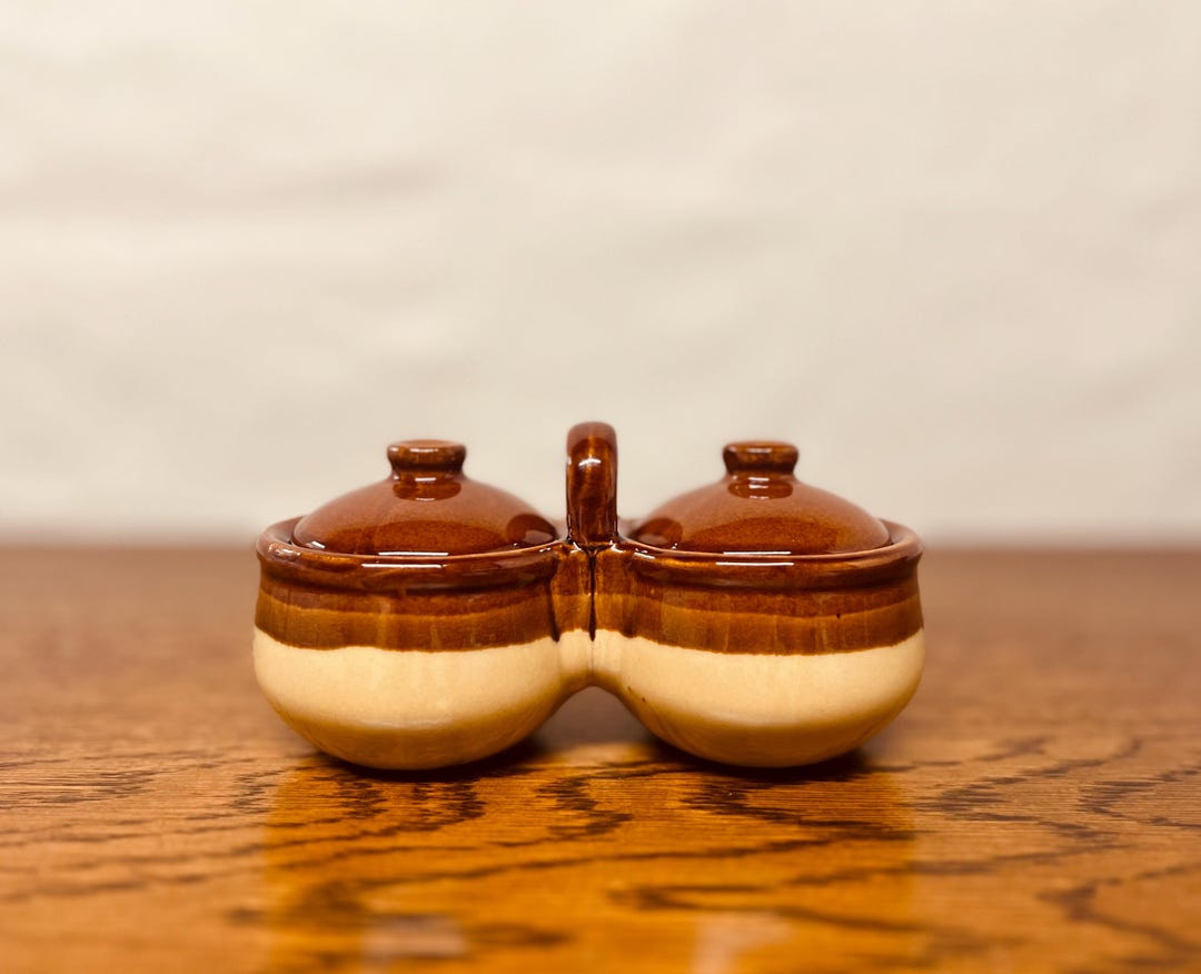 Vintage | Stoneware Condiment Set | Double Crock | Brown Ware | Sugar ...