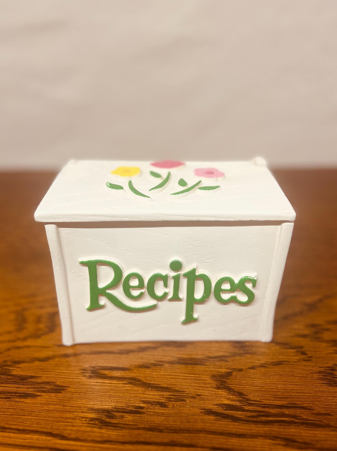 Vintage | 1985 | Floral Recipe Box | Plastic Wood Grain Detail | Recipe ...
