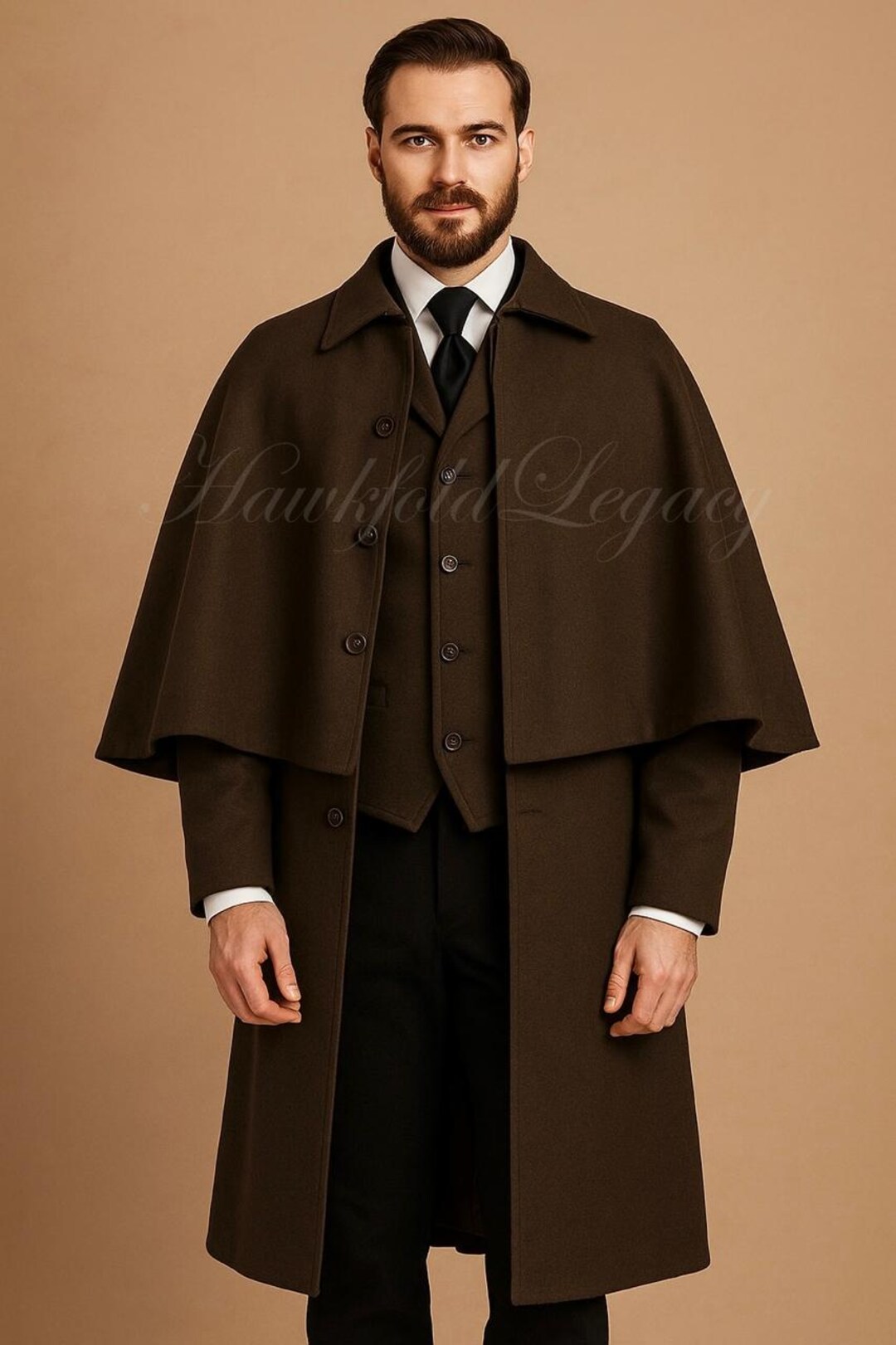 Men’s Victorian Brown Wool Inverness Cape Coat, Vintage Steampunk ...
