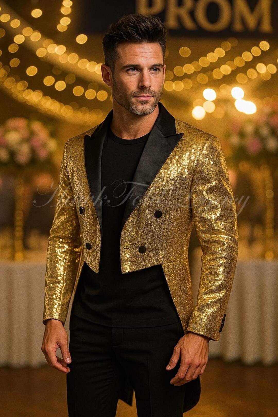Men’s Gold Sequin Tailcoat Tuxedo Coat Jacket, Shiny Sparkly Blazer for ...