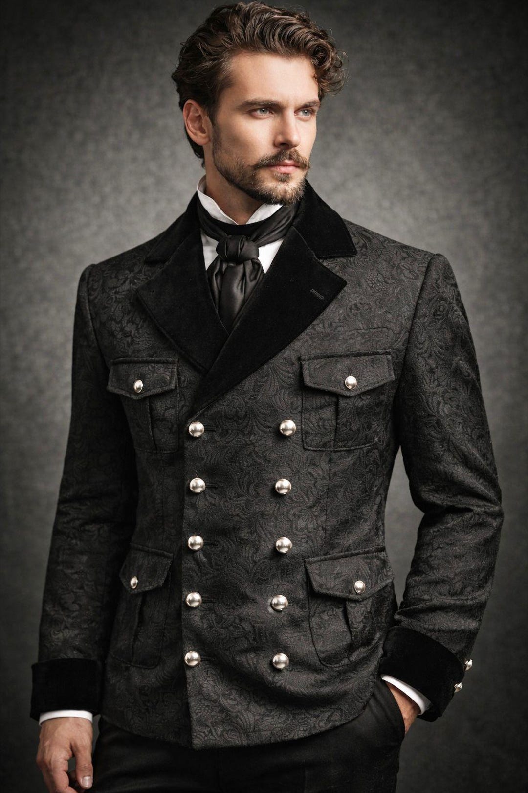 Men's Victorian Gothic Military Black Brocade Velvet Collar Jacket Coat ...
