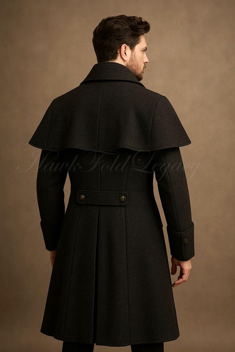 Men's Gothic Victorian Steampunk Military Wool Trench Cape Overcoat ...