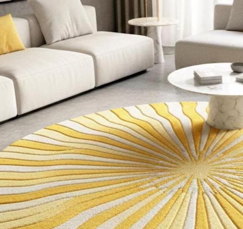 Hand Tufted Round Rug | Modern Sunburst, Yellow & Ivory - Etsy
