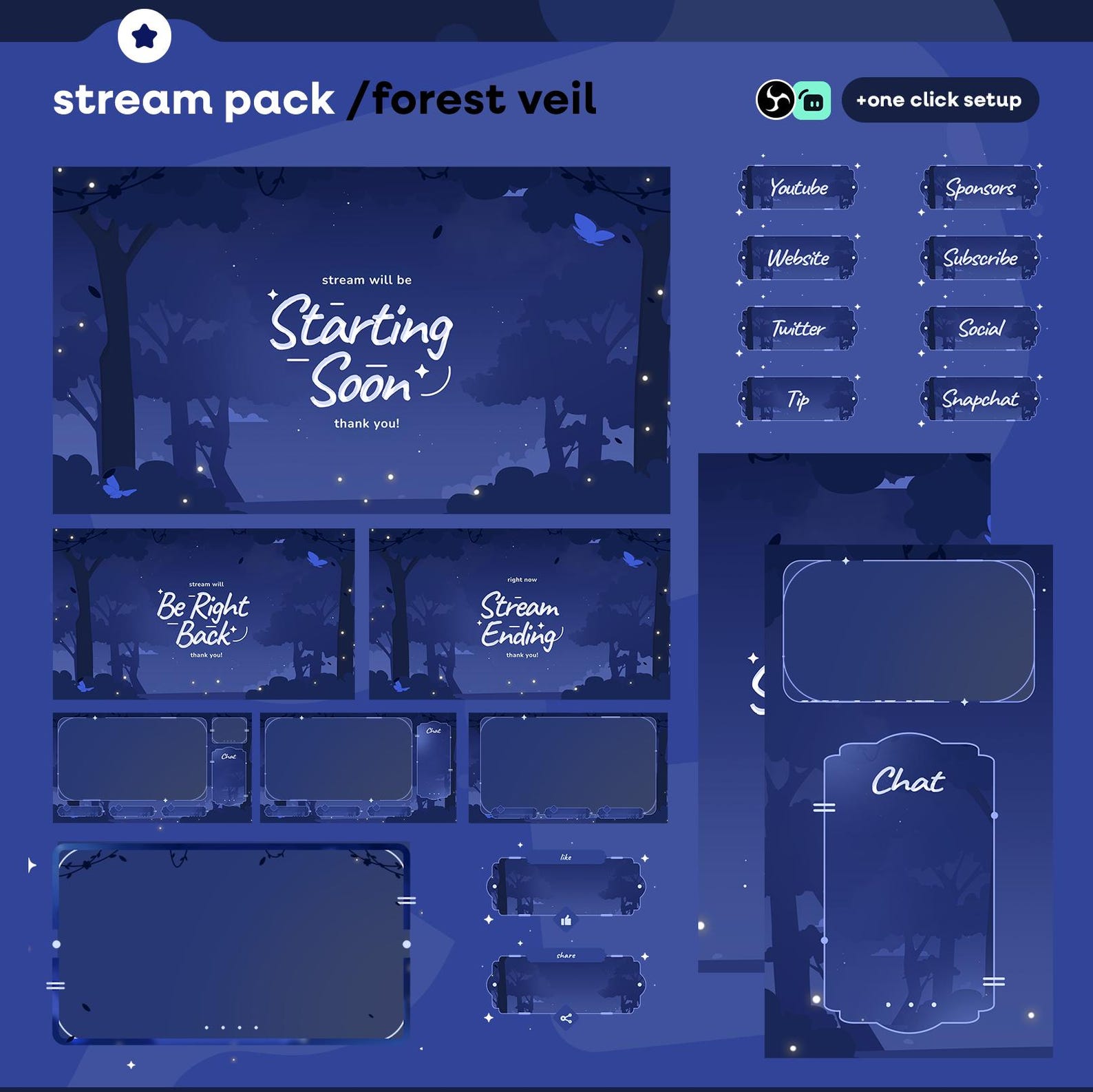 Animated Forest Veil Stream Package: Soft Blue Firefly Night Theme for ...