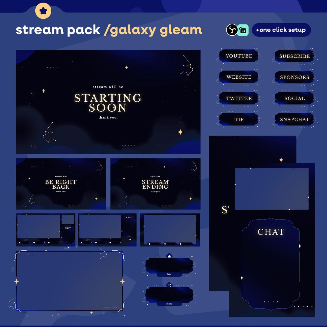 Animated Galaxy Gleam Stream Pack: Neon Blue and Gold Cosmic for Tiktok ...