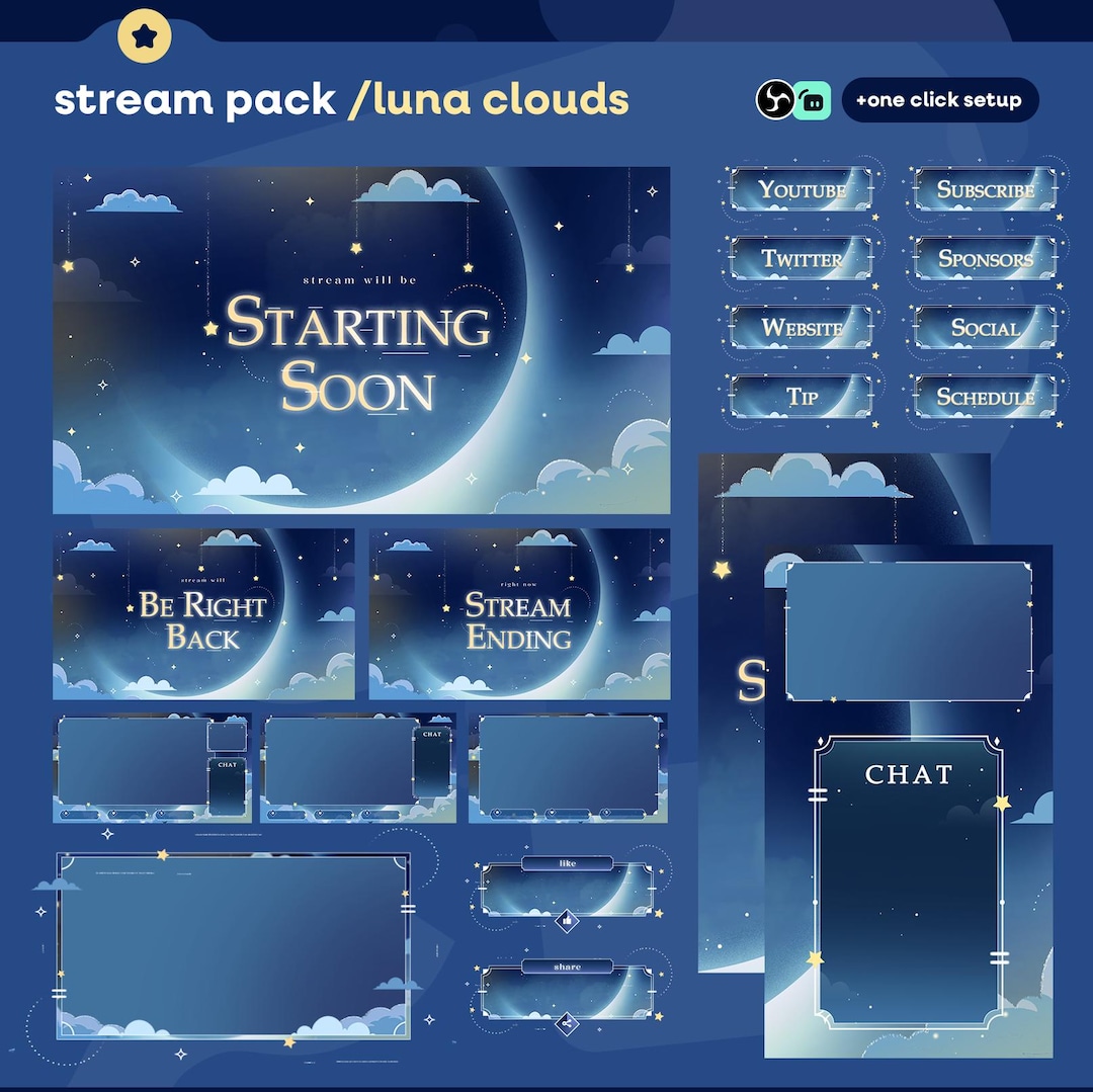 Animated Twitch Stream Overlay Pack | Blue Moon Clouds, Vtuber Alerts ...