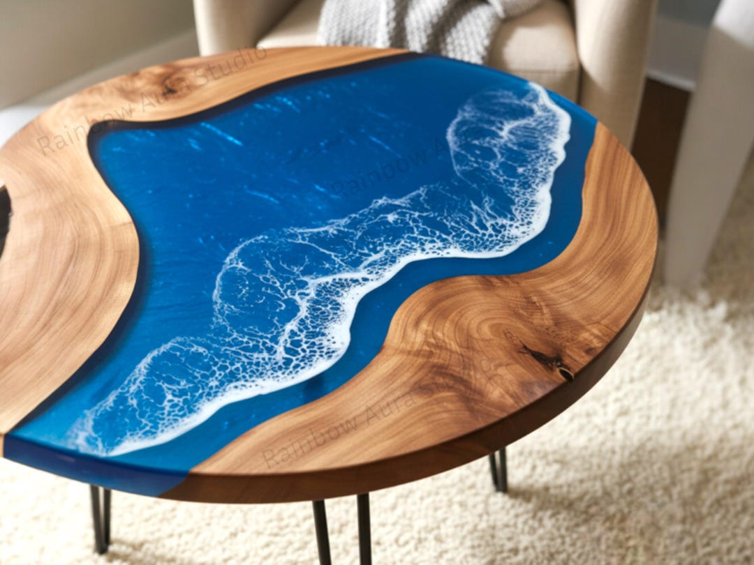 Round Ocean Resin Coffee Table | Blue Epoxy Wood Centre Table | Custom ...