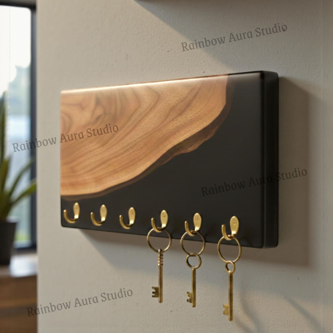 Black Epoxy Resin Key Holder | Acacia Wood Handmade Wall Décor | Small ...