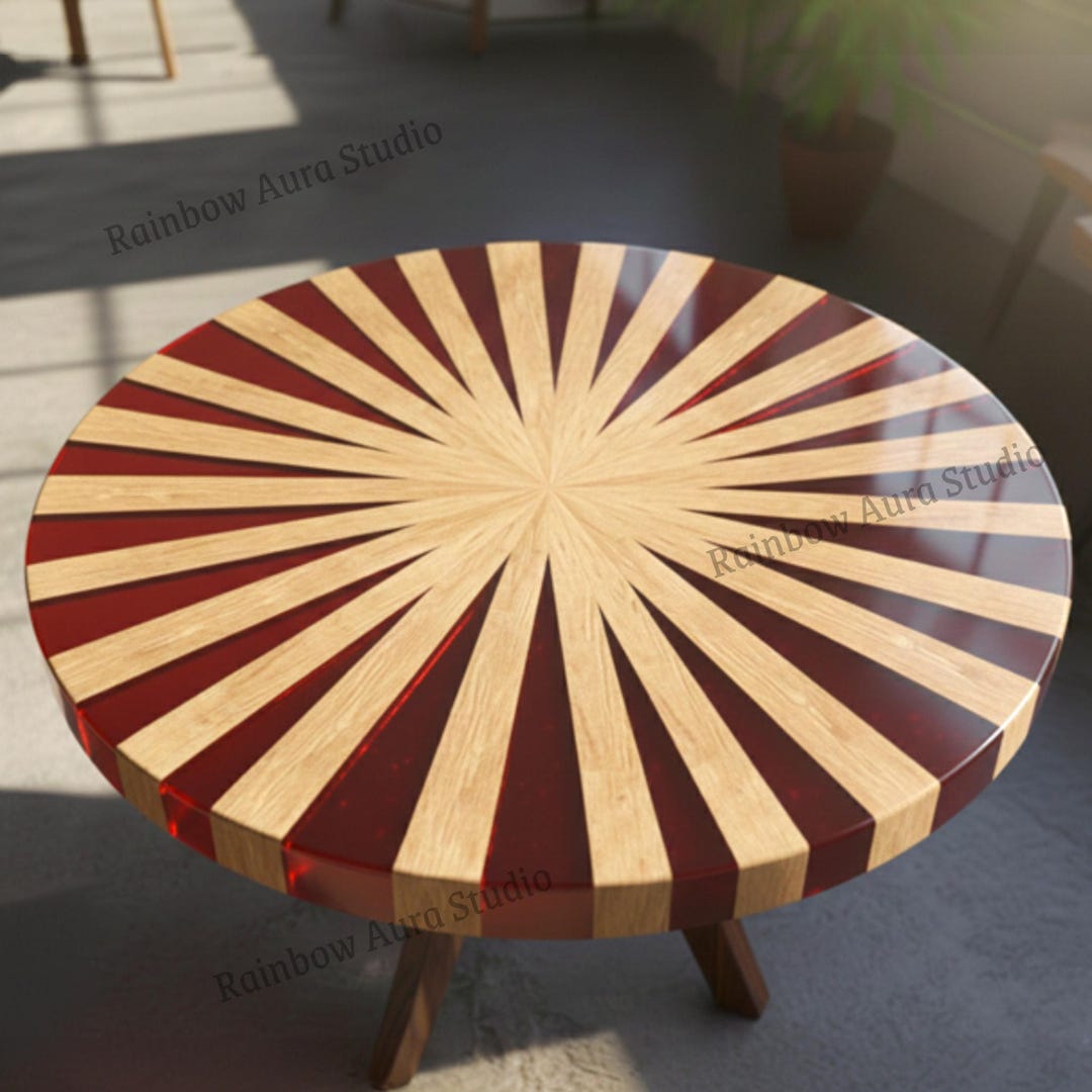 Sunburst Wood and Red Epoxy Resin Table | Handmade Designer Furniture ...