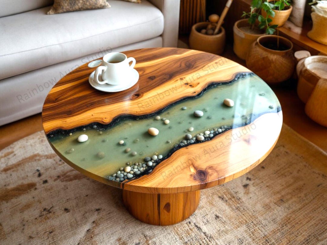 Unique Round Resin Art Dining Table | Custom Pebble River Design ...
