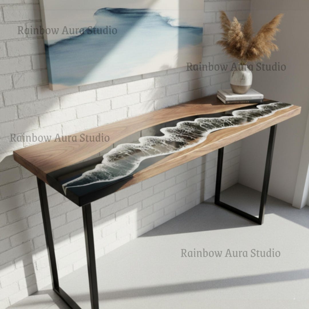Handmade Ocean Wave Epoxy Resin Console Table | Live Edge Wood - Etsy